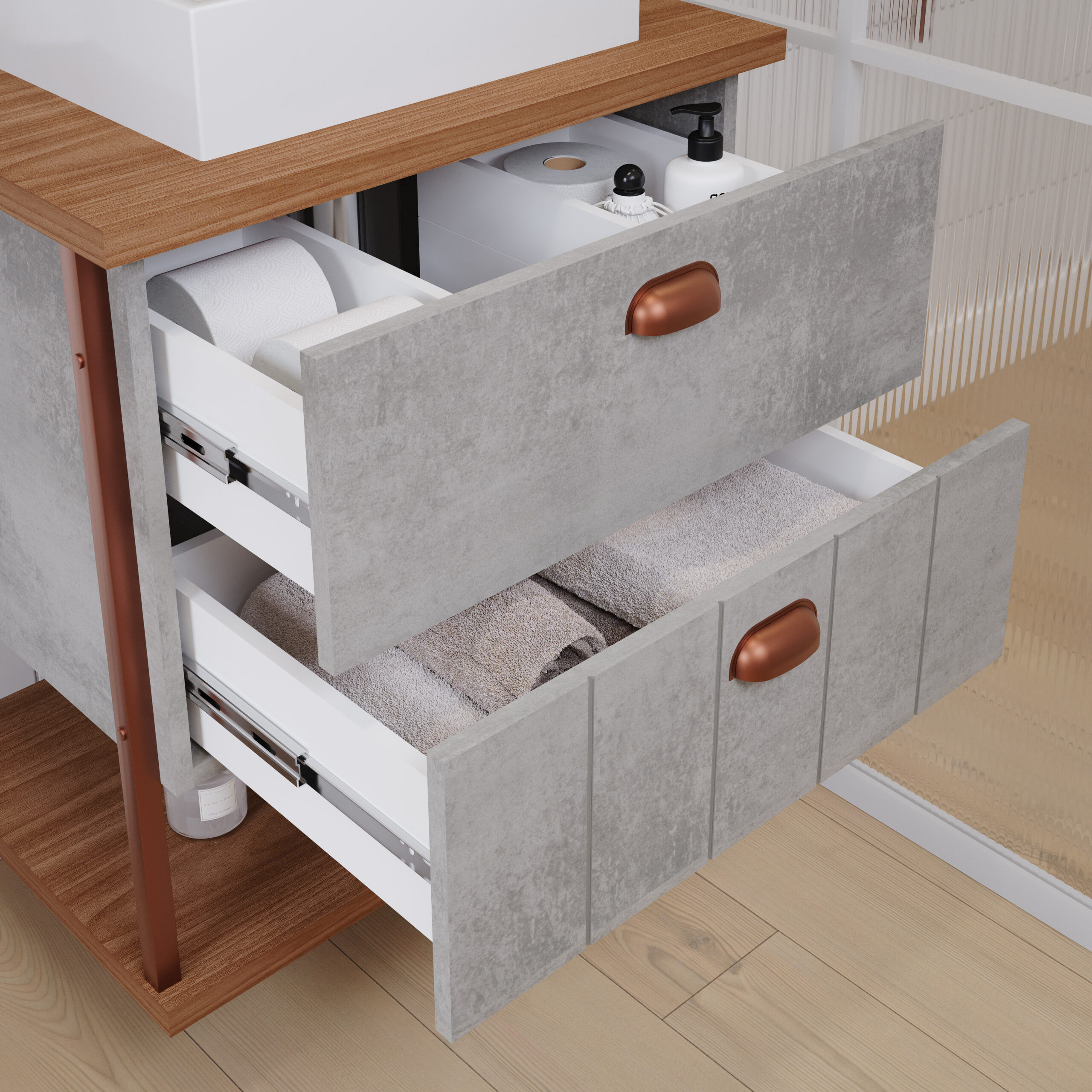 KIT VANITORY CON BACHA+ESPEJO BUZIOS 60 CM CIMENTO – El mundo del mueble